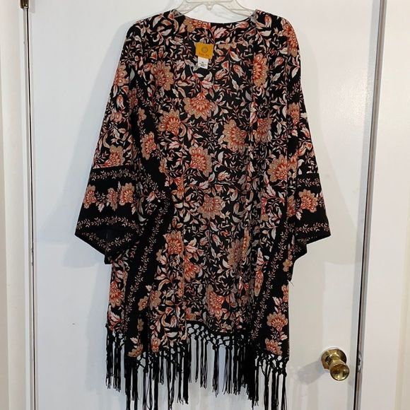 Ruby Rd. | Sweaters | Ruby Rd Black Orange Floral Print Fringe Kimono ...